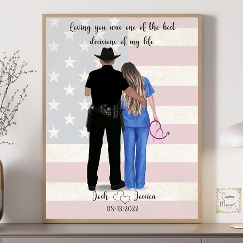 Nurse and Cop Custom Couple Portrait Emergency Services - Etsy
