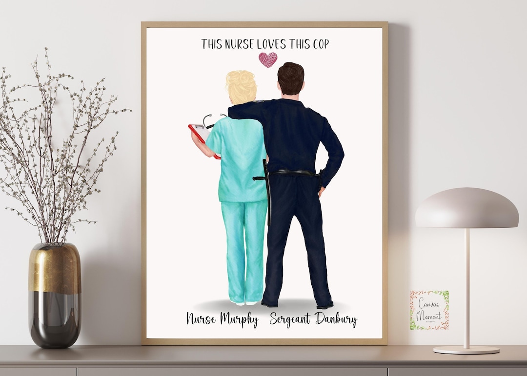 Nurse and Cop, Custom Couple Portrait, Emergency Services Gift, Army ...