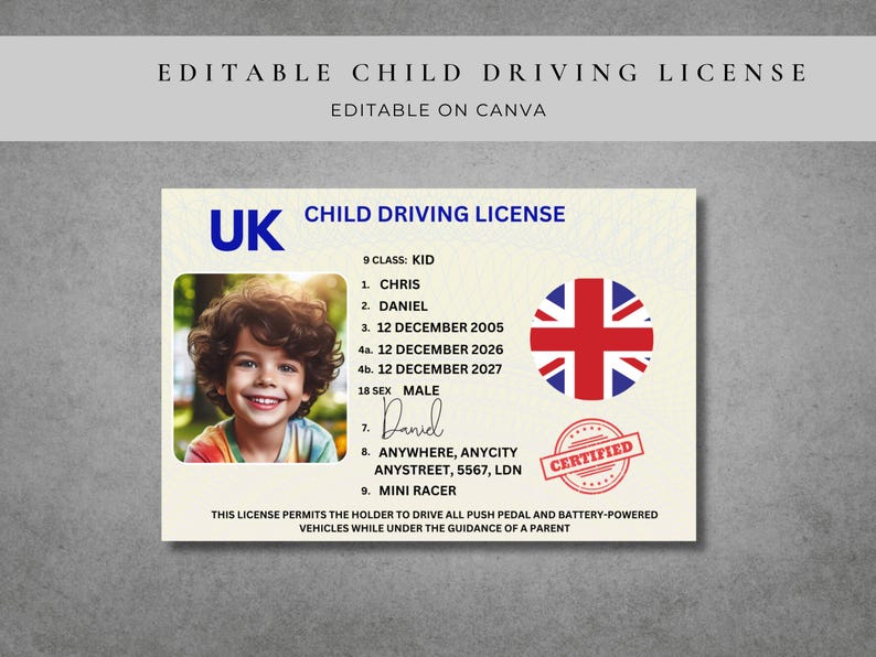 UK Child Driving License | Printable Kids' Driver's License Certificate ...