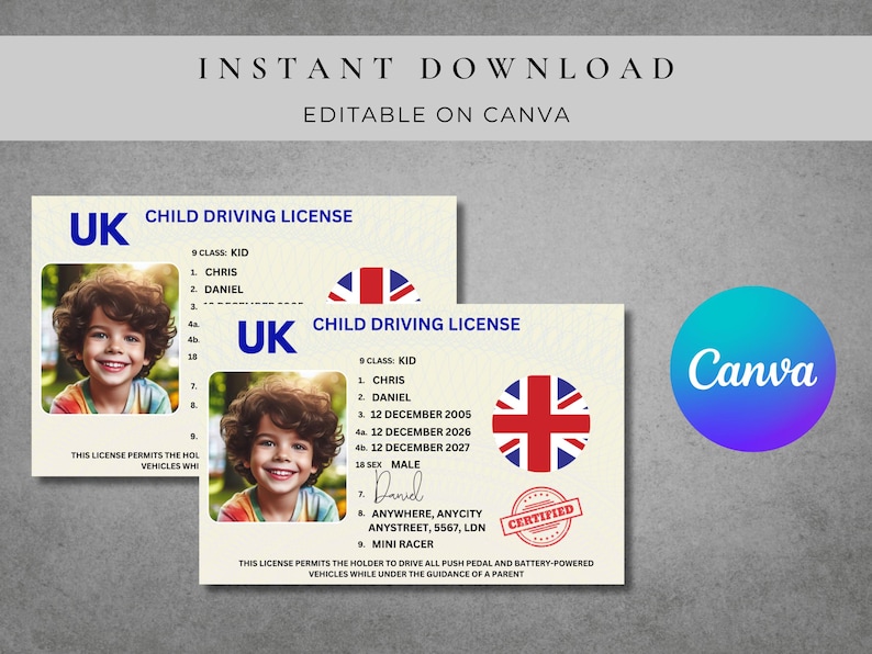 UK Child Driving License | Printable Kids' Driver's License Certificate ...