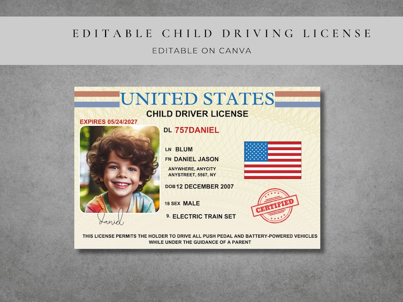 USA Child Driving License | Printable Kids' Driver's License ...