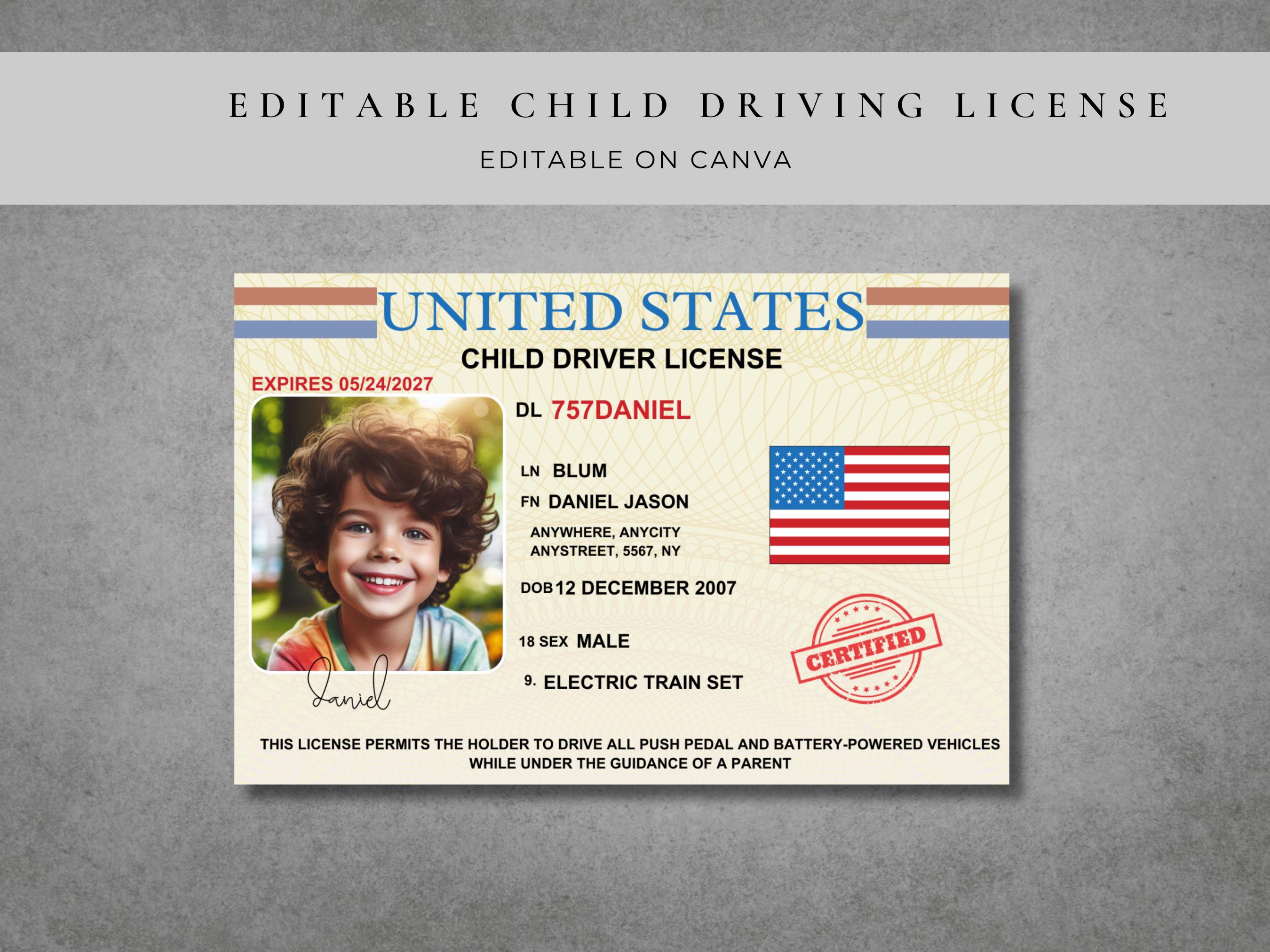 USA Child Driving License | Printable Kids' Driver's License ...