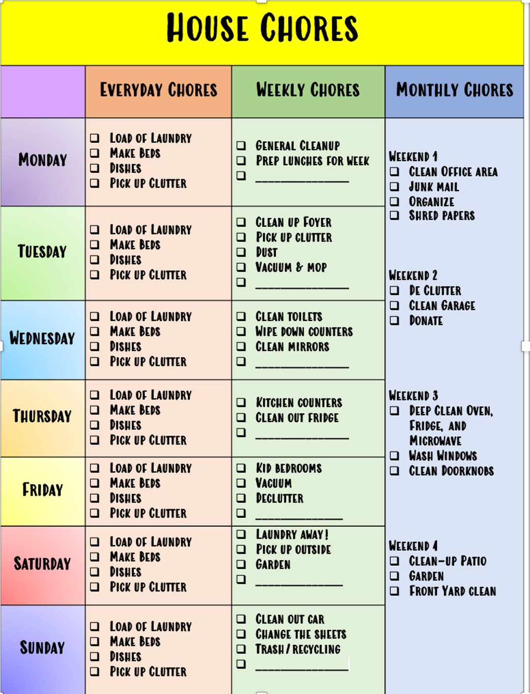 Simple House Chores Chart PHYSICAL ITEM - Etsy