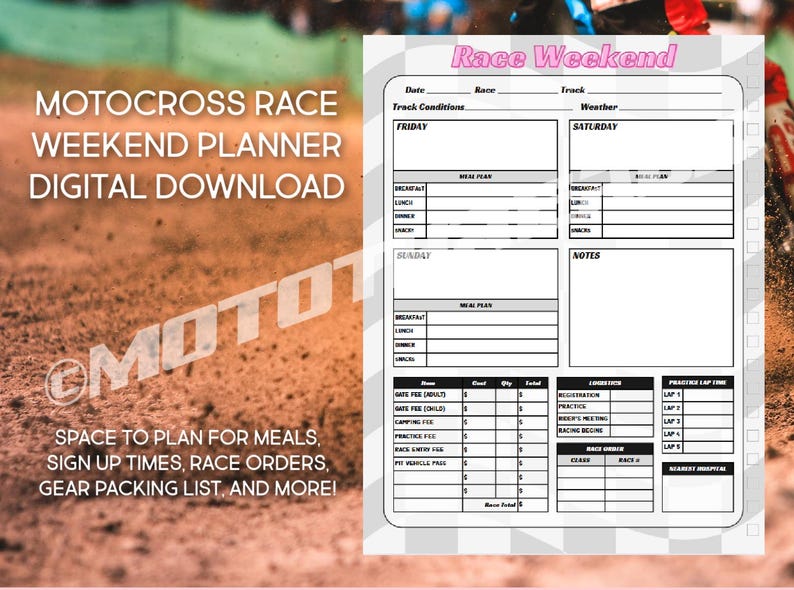 Motocross Weekend Planner | Printable Motocross Weekend Planner for ...