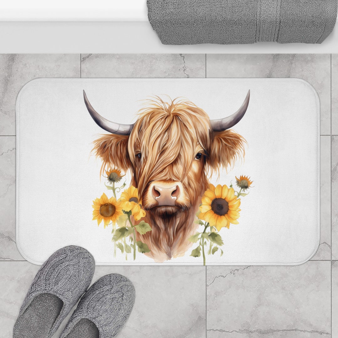 Floral Highland Cow Bath Mat, Farmhouse Bath Decor, Yellow Sunflower ...