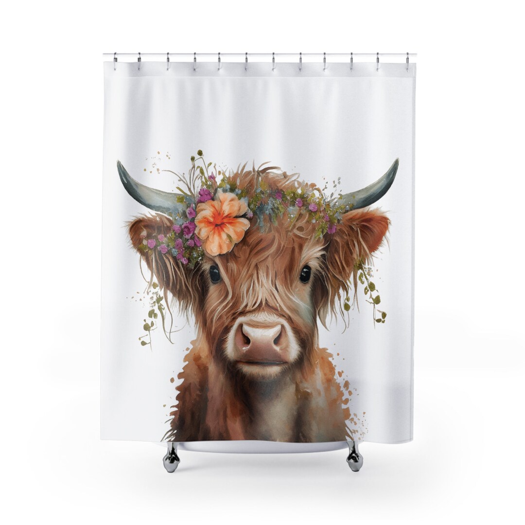 Floral Watercolor Highland Cow Shower Curtain, Highland Cow Bathroom ...