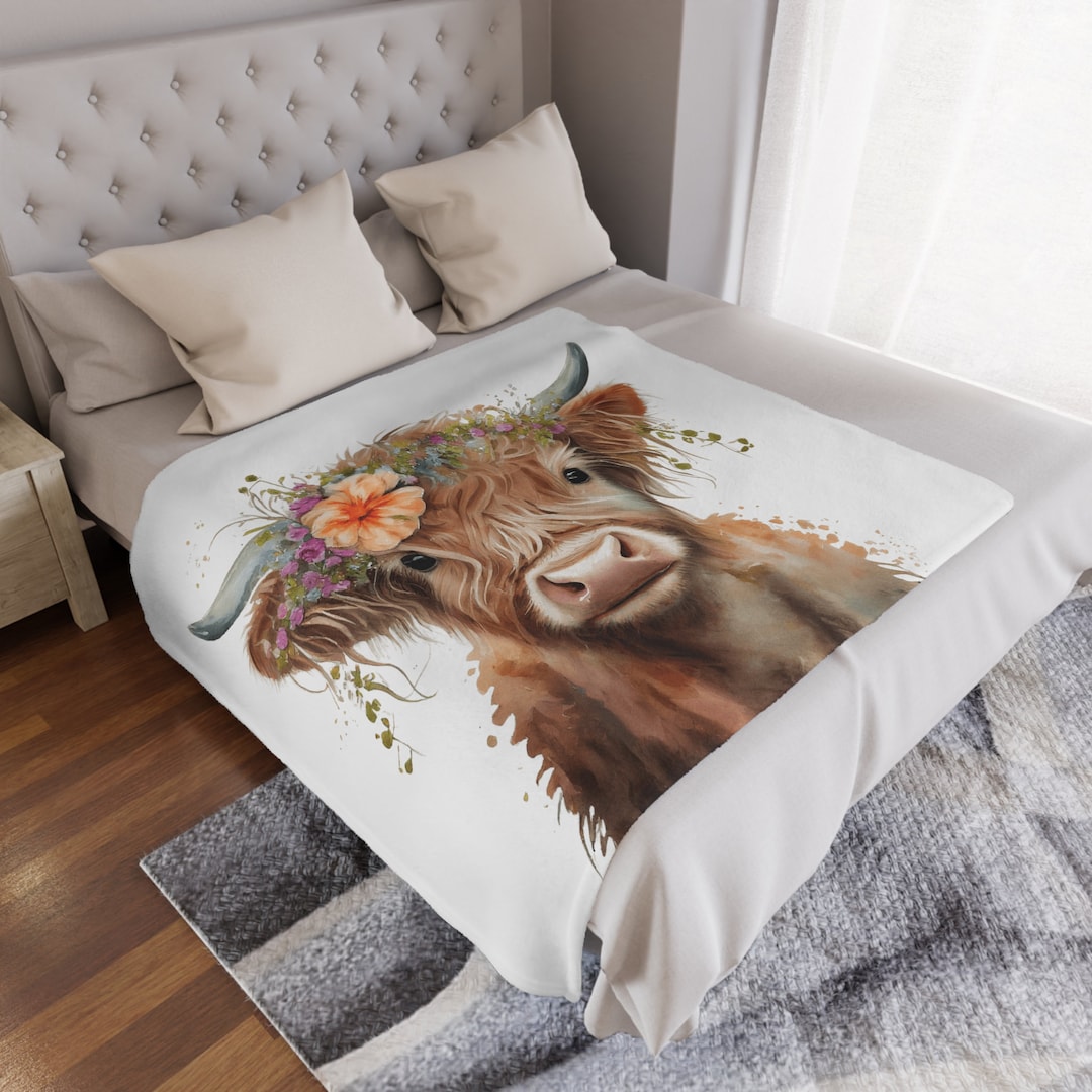 Boho Floral Highland Cow Minky Blanket: Soft Polyester Throw - Etsy