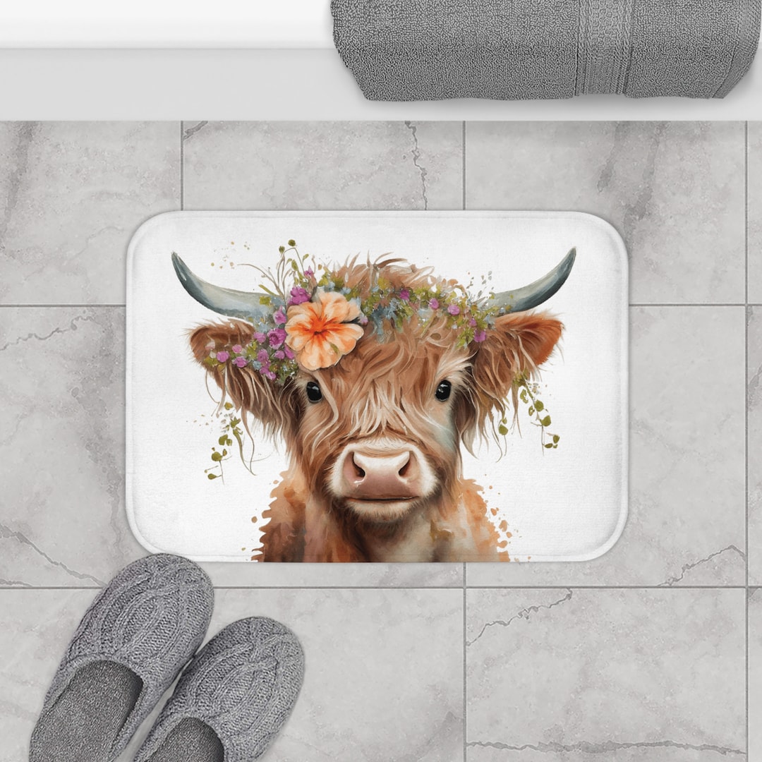 Floral Highland Cow Bath Mat: Watercolor Farmhouse Bathroom Decor - Etsy