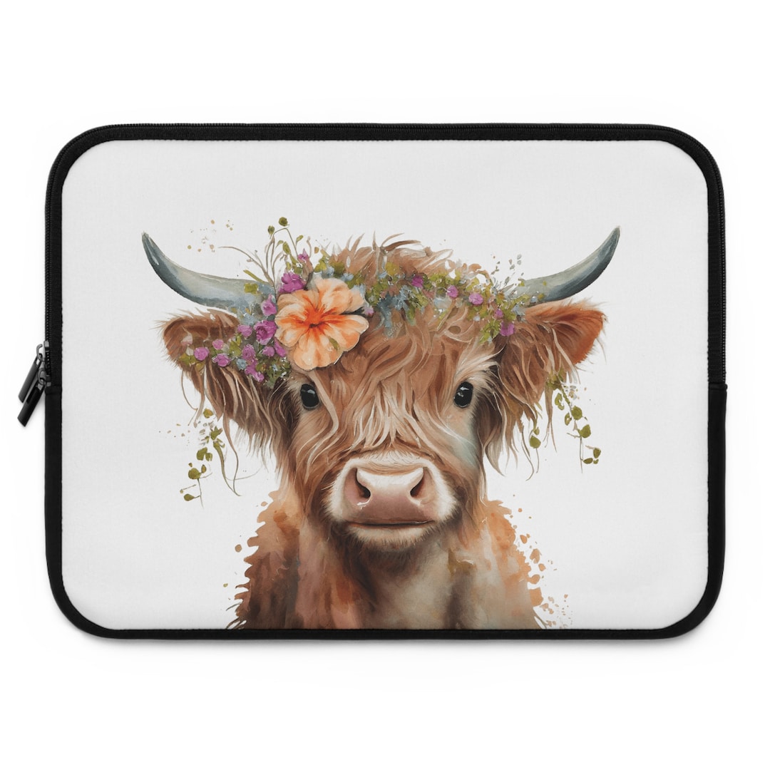 Boho Floral Highland Cow Laptop Sleeve, Highland Cow Laptop Case ...