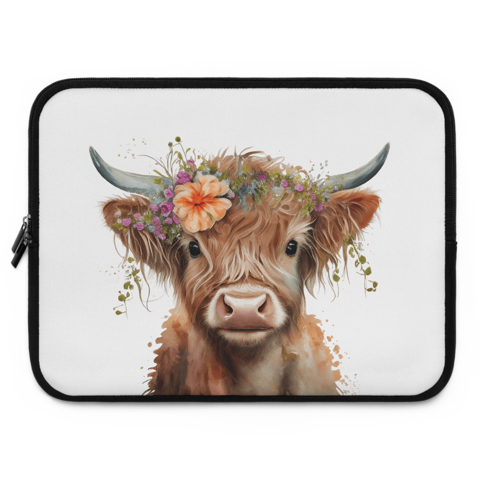 Boho Floral Highland Cow Laptop Sleeve, Highland Cow Laptop Case ...
