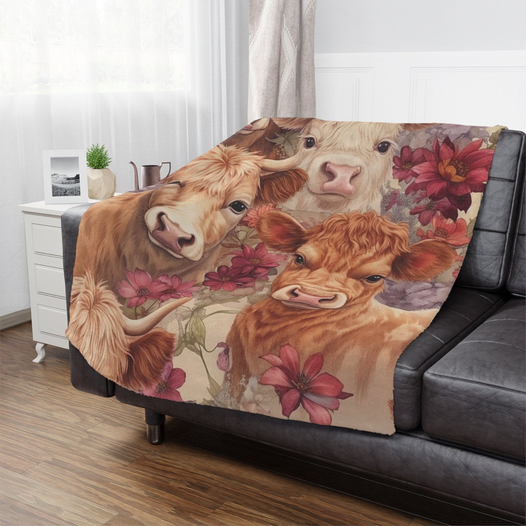 Floral Highland Cow Blanket, Highland Cow Soft Fleece Blanket,cow Throw ...