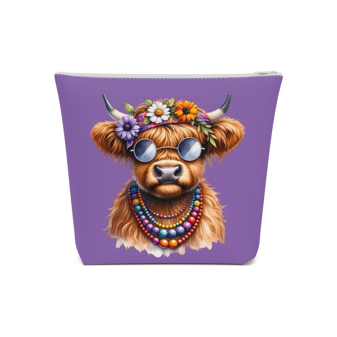 Cute Hippie Highland Cow Cotton Cosmetic Bag, Cow Makeup Bag, Gift for ...