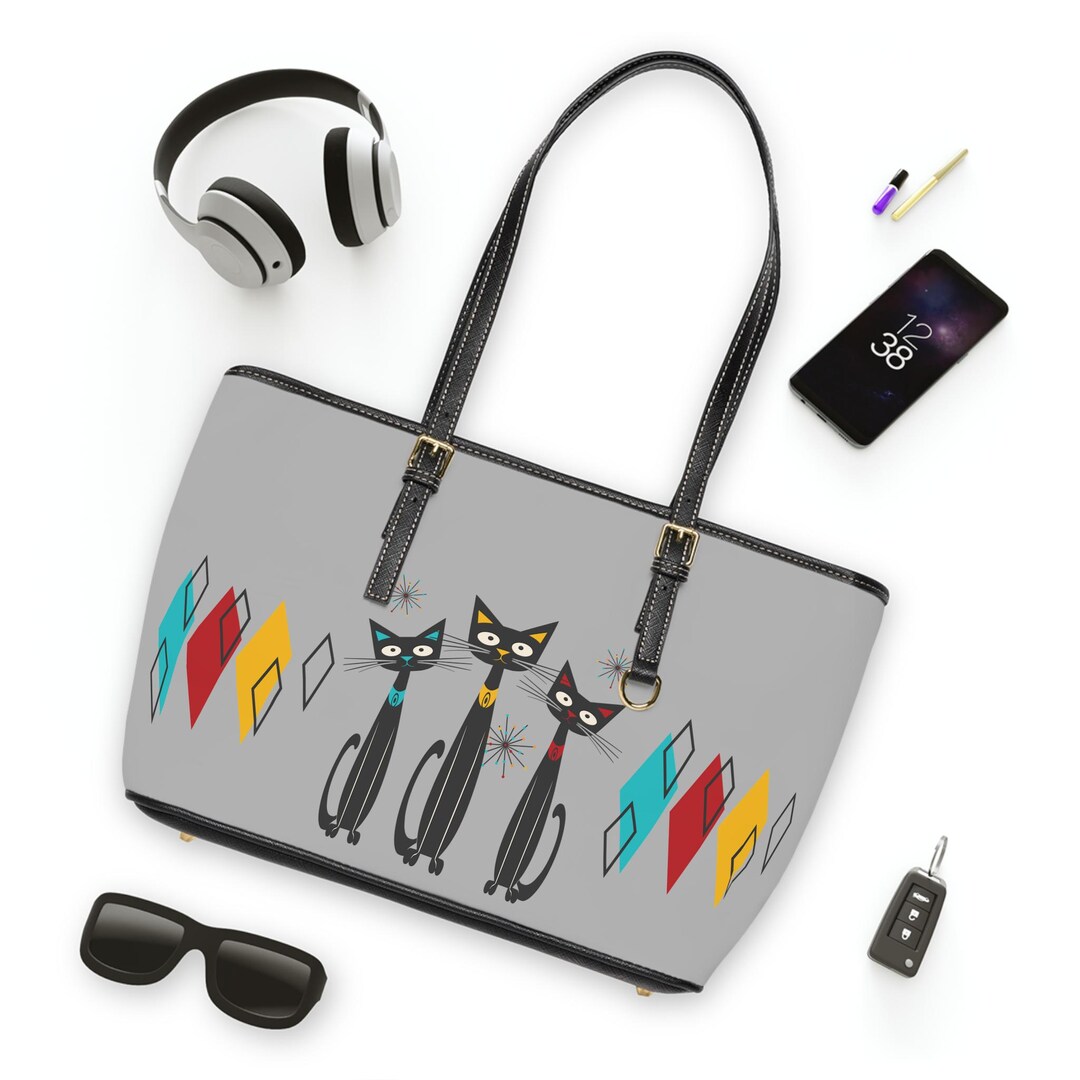 Retro Geometric Shoulder Bag, Atomic Cat Mid Century Modern Satchel, PU ...