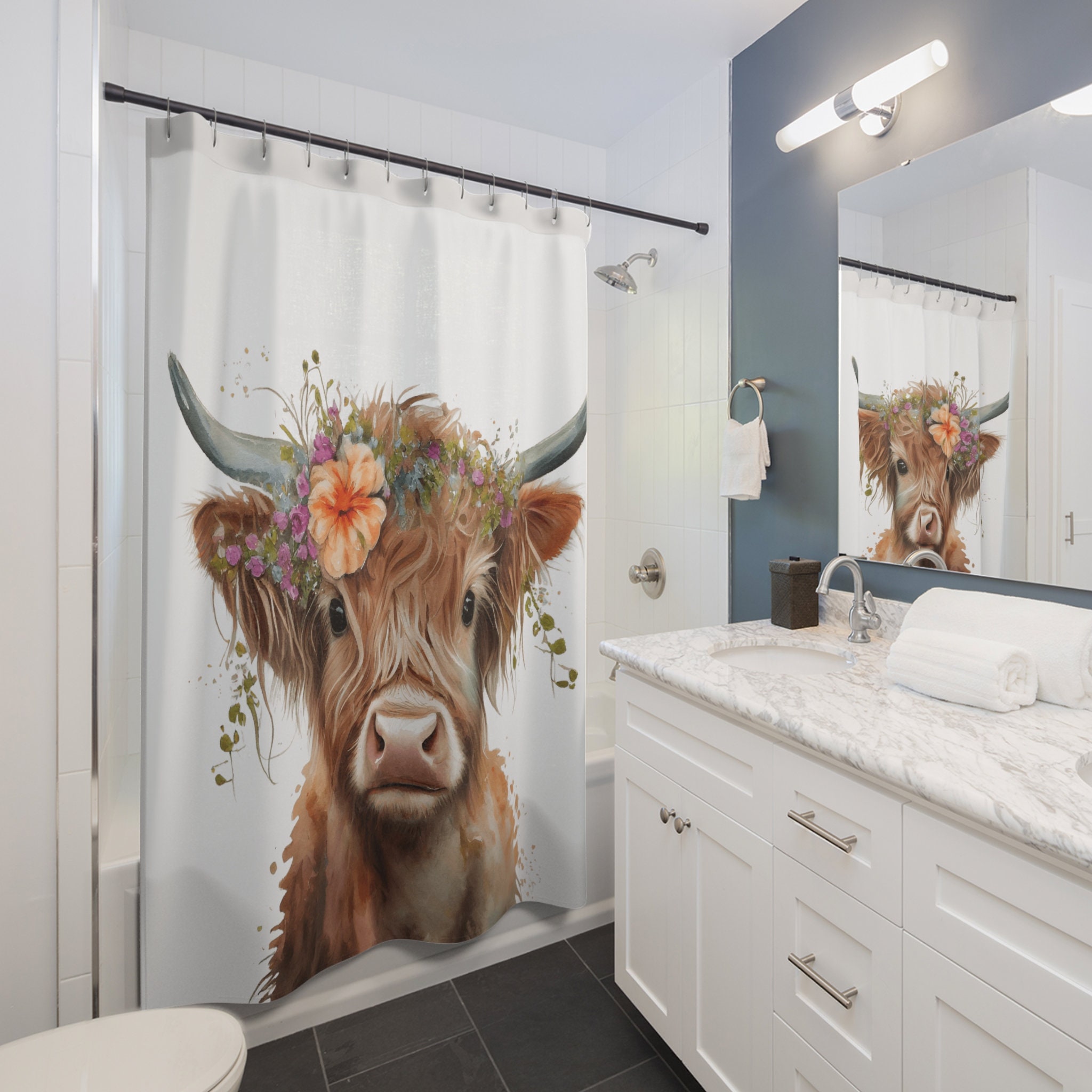 Floral Watercolor Highland Cow Shower Curtain, Highland Cow Bathroom ...
