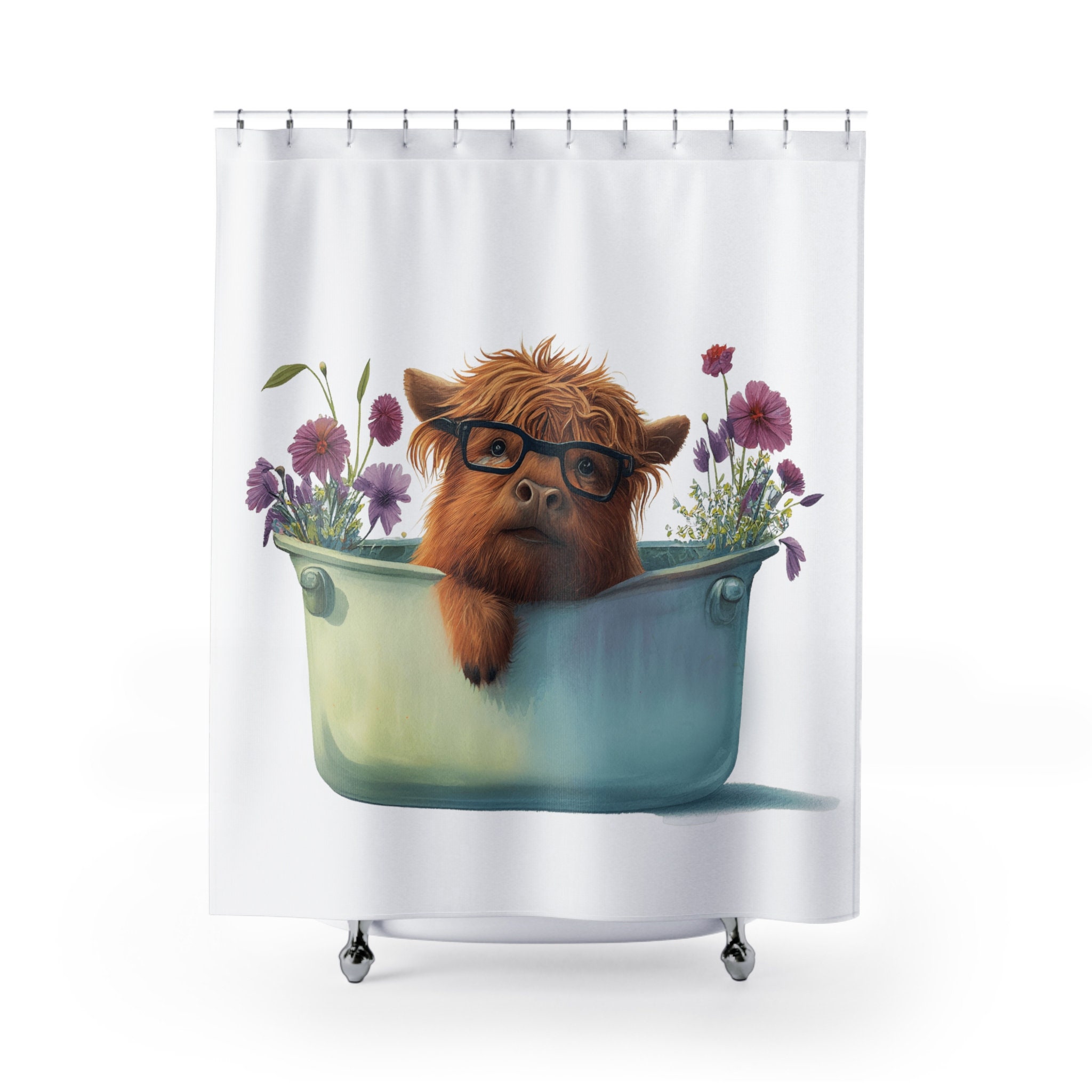 Watercolor Floral Highland Cow Shower Curtain, Highland Cow Decor ...