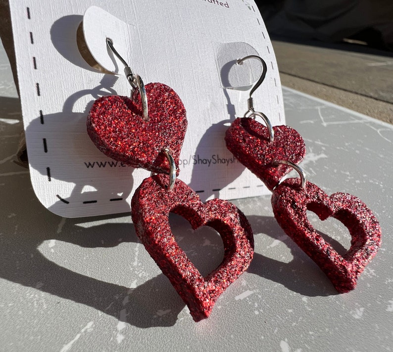 Red Double Heart-shaped Wood and Glitter Dangle Earrings - Etsy