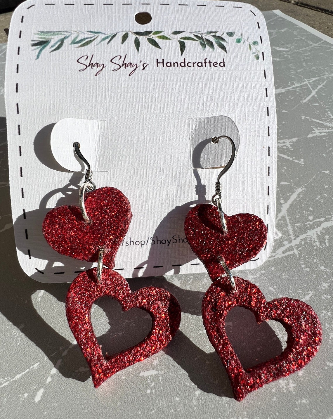 Red Double Heart-shaped Wood and Glitter Dangle Earrings - Etsy