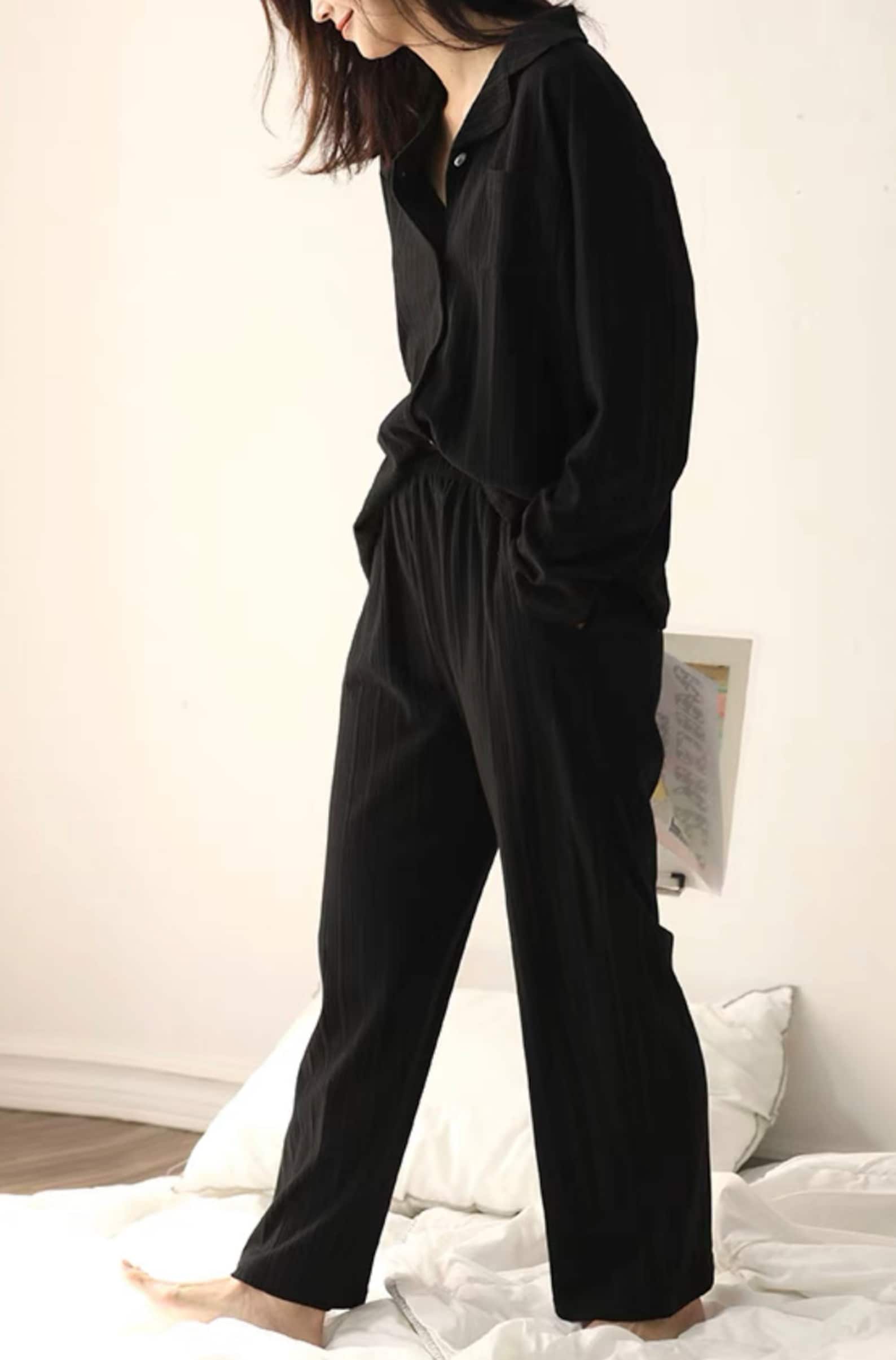 Classic Black Pajamas for Women100% Cotton Tow Pockets on - Etsy