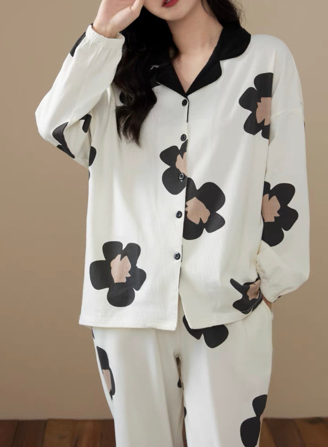 Floral Cotton Pajama Set: Long Sleeve Loungewear With Pockets，elegant ...