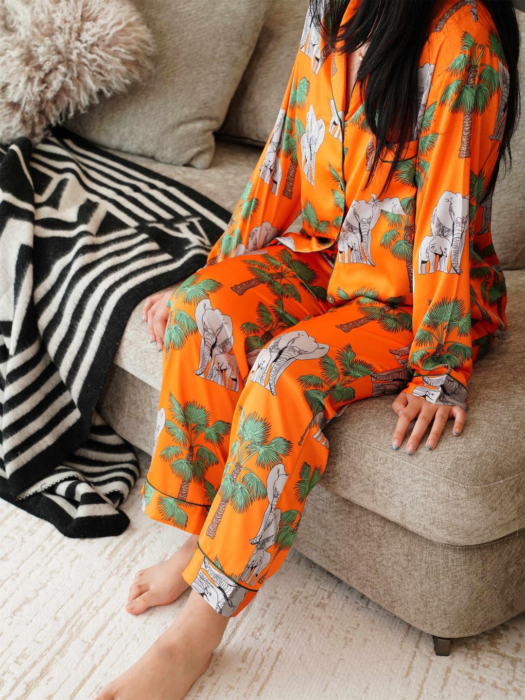 Orange Jungle Elephant Satin Pajamas for Women – Soft Silky Sleepwear ...