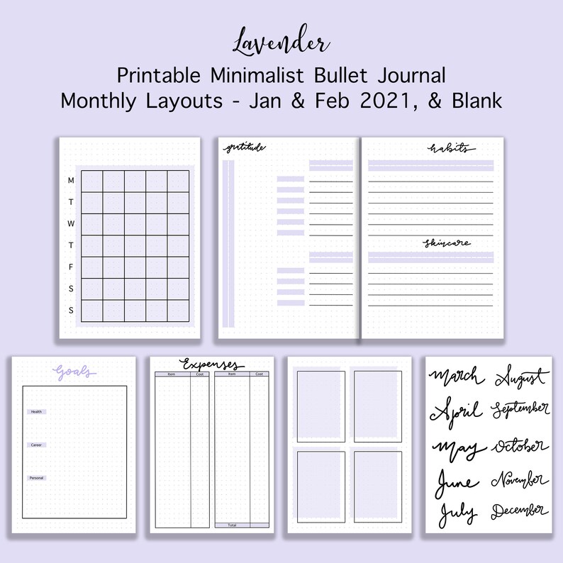 Bullet Journal Template Printable - Lavender Monthly Layout 2021 ...