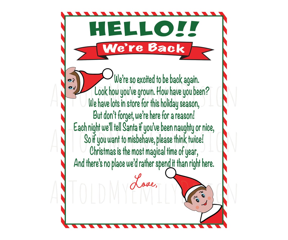 Elf We're Back Welcome Arrival Letter for Two Elves | Printable | PNG ...