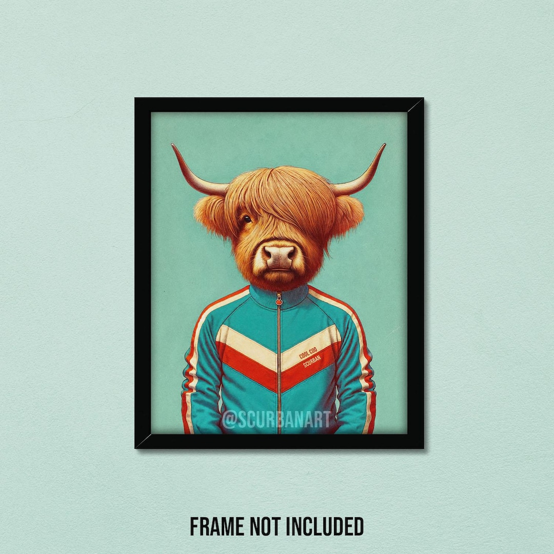 Funny Highland Cow Art Print: Retro 70s Tracksuit, Funky Scottish ...