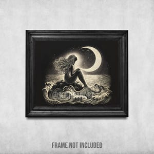 Mermaid Moon Gazing Art Print, Vintage Siren Fine Art Reproduction ...