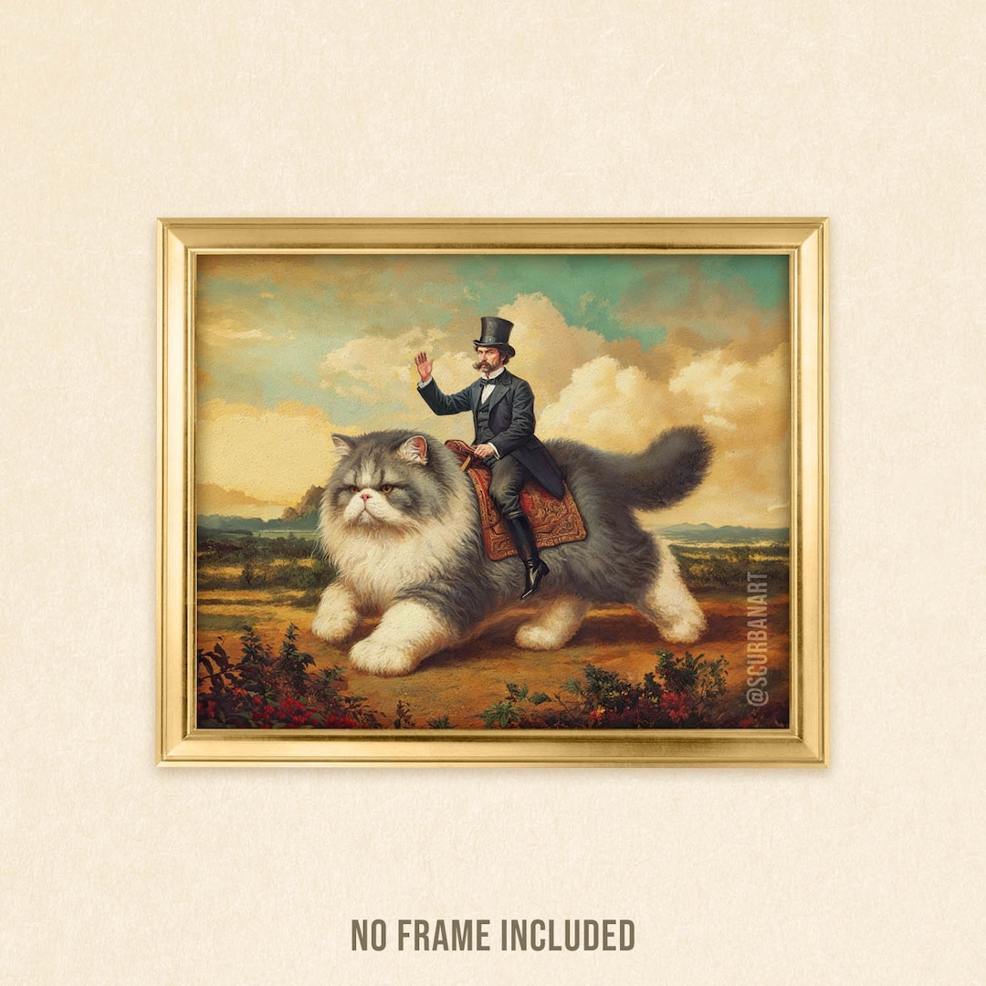 Awkward Wave Funny Vintage Painting Victorian Man on Fluffy Cat Silly ...