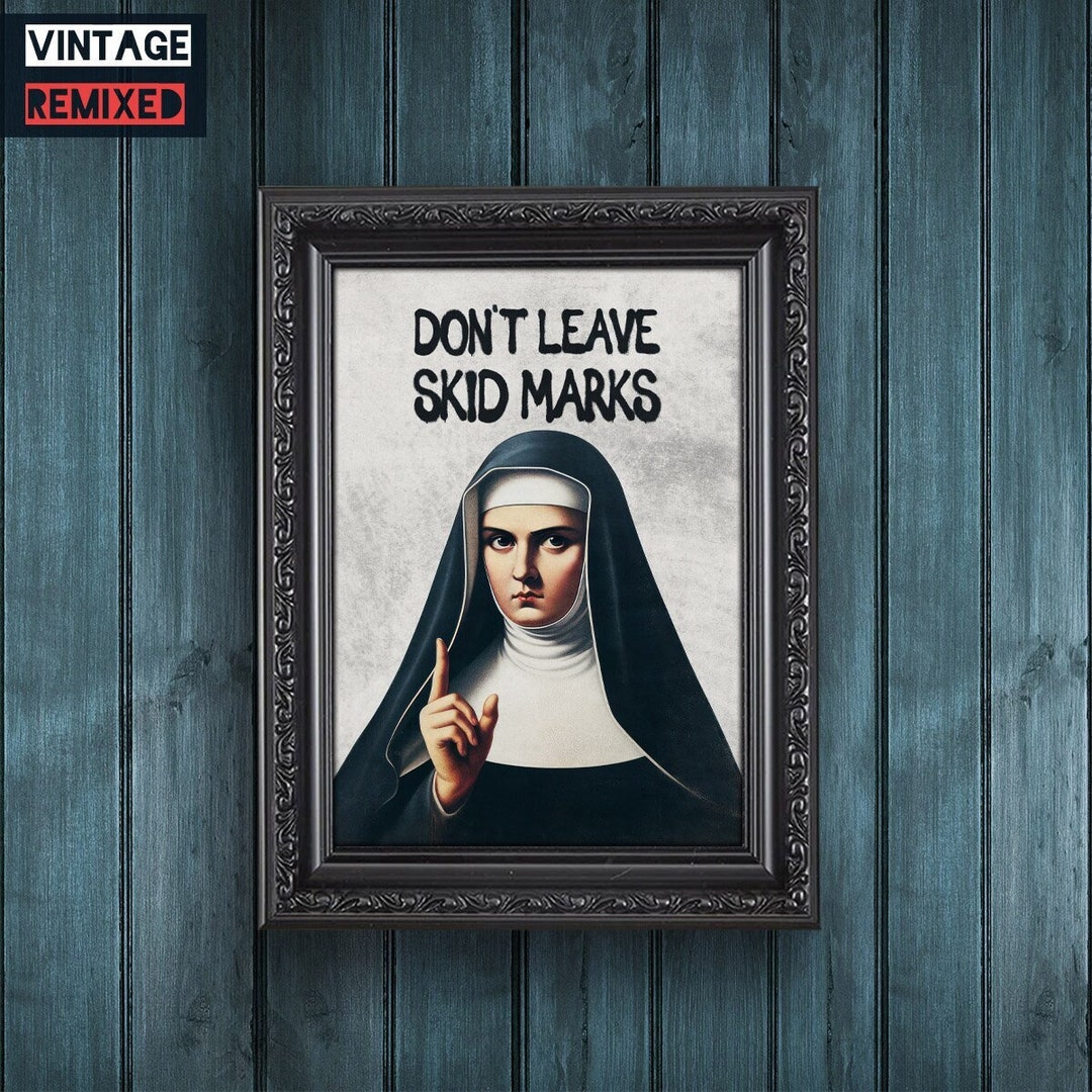 No Skids Funny Bathroom Art Print, Altered Vintage Painting Graffiti ...