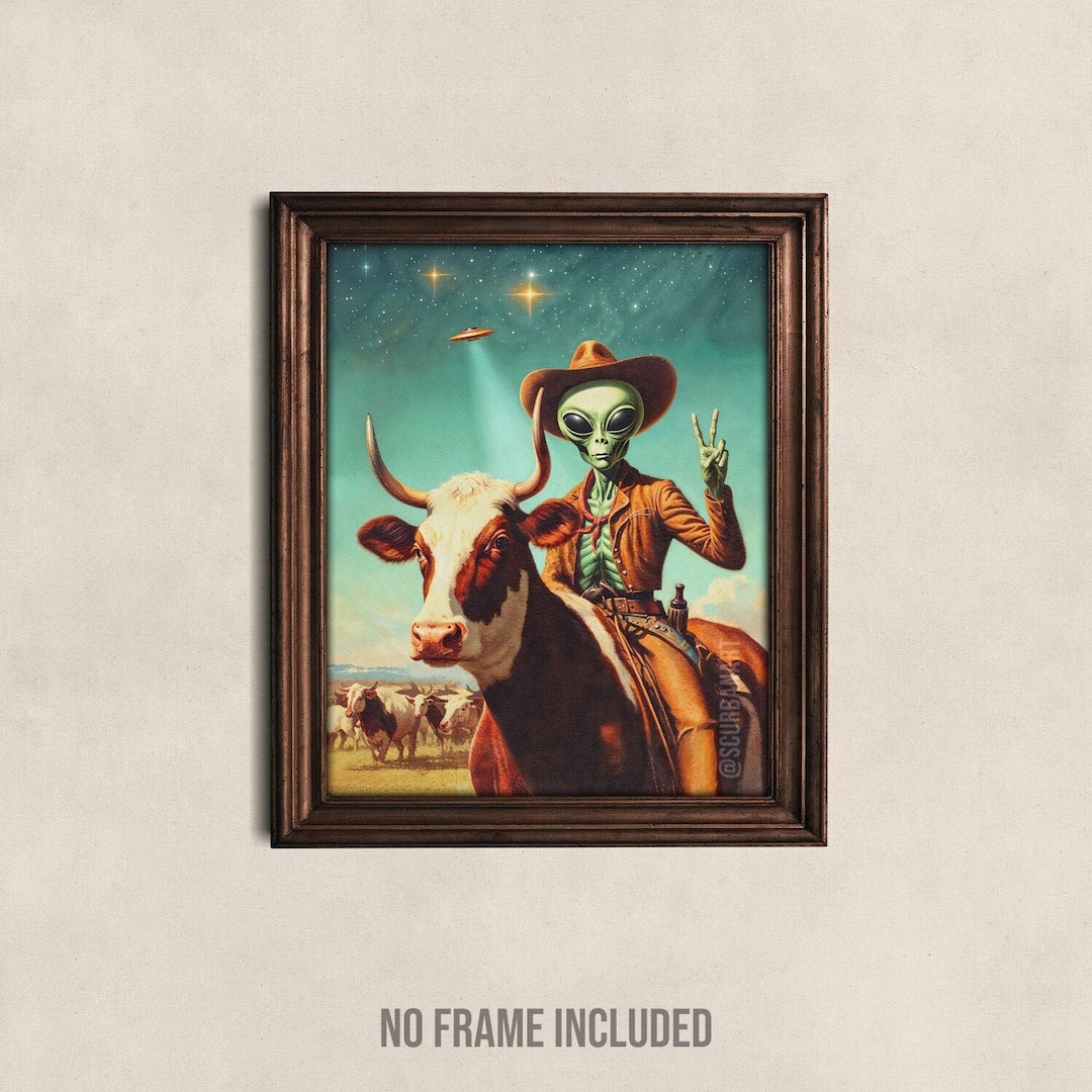 Cowboy Alien Funny Retro Vintage Art Print Wild West Western Décor ...