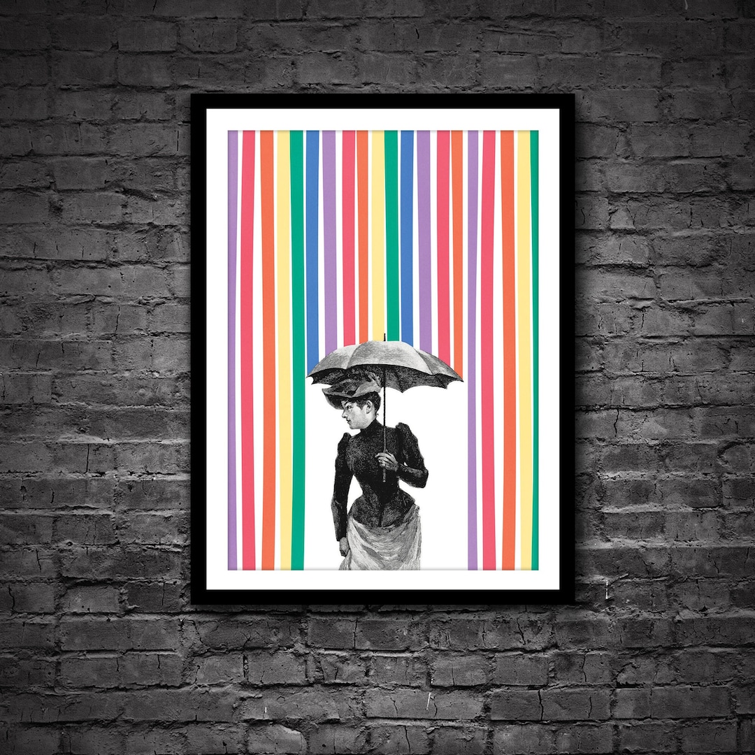 Rainbow Rain Altered Vintage Eclectic Art Print Victorian Lady Umbrella ...