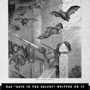Bats in Belfry Vintage Gothic Art Print Illustration Etching Dark ...
