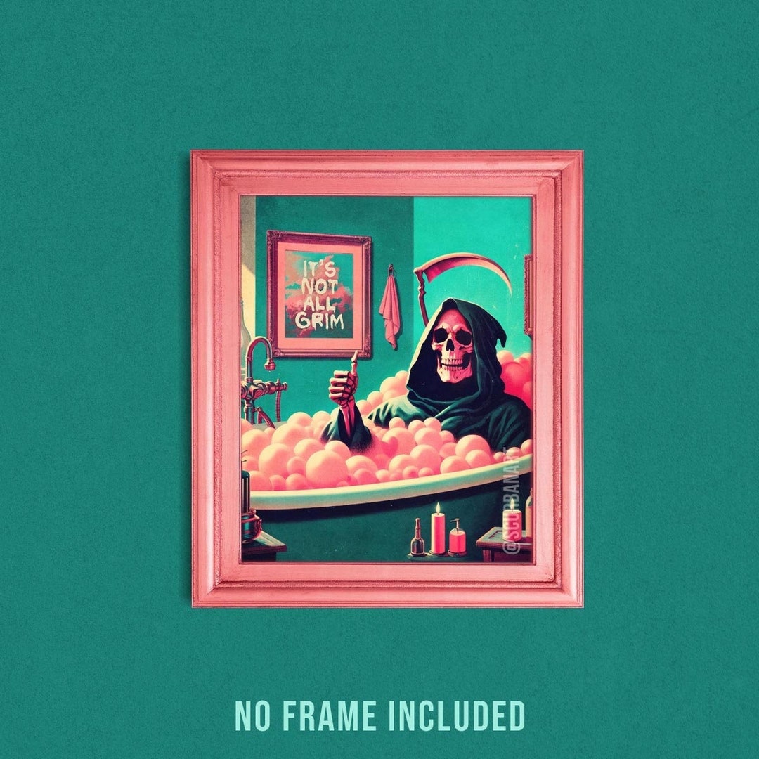 Not All Grim Funny Bathroom Art Print, Pink Teal Retro Grim Reaper ...