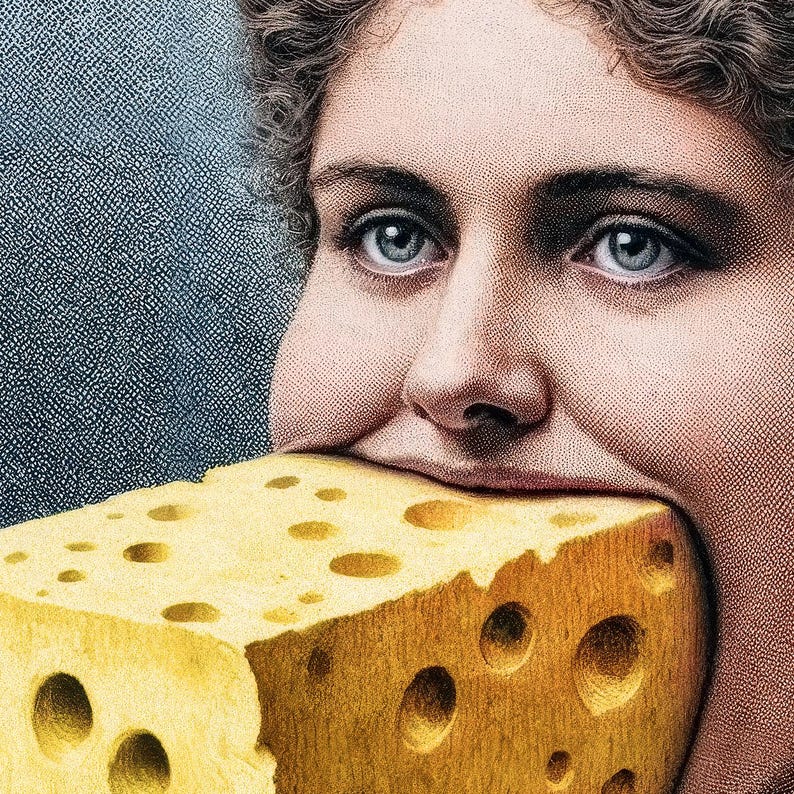Funny Cheese Lover Art Print: Whimsical Quirky Victorian Lady Food ...