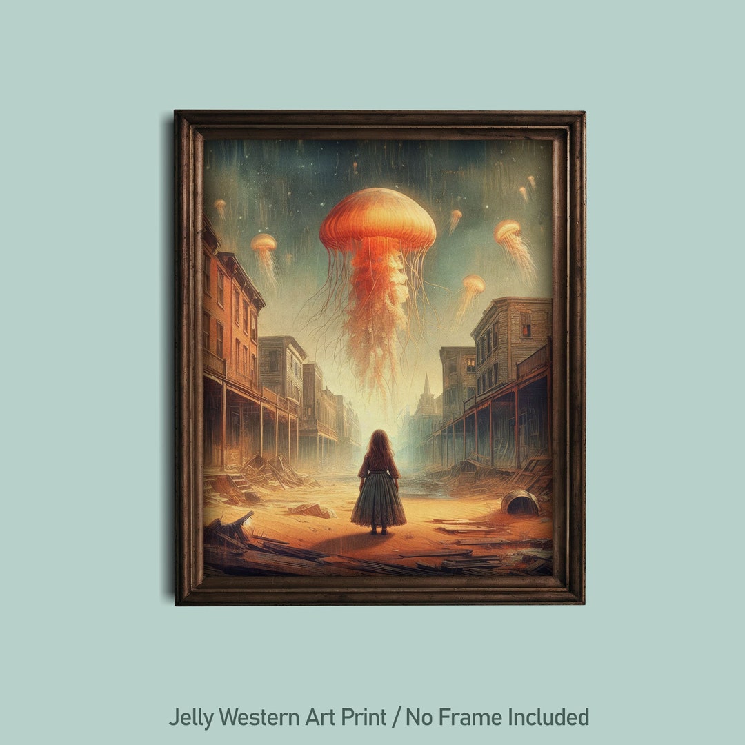 Jelly Fish Western Alien Invasion Wall Art Print, Quirky Sci Fi Cowboy ...