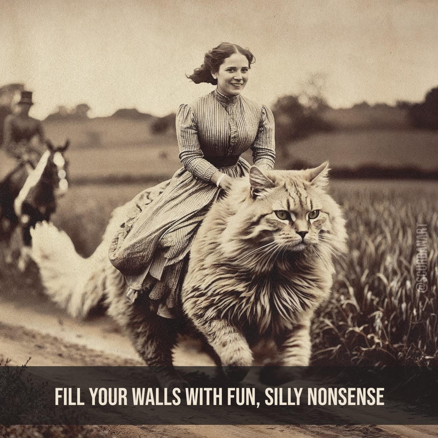 Funny Vintage Art Print, Victorian Cat Rider Lady Quirky Unusual Weird ...