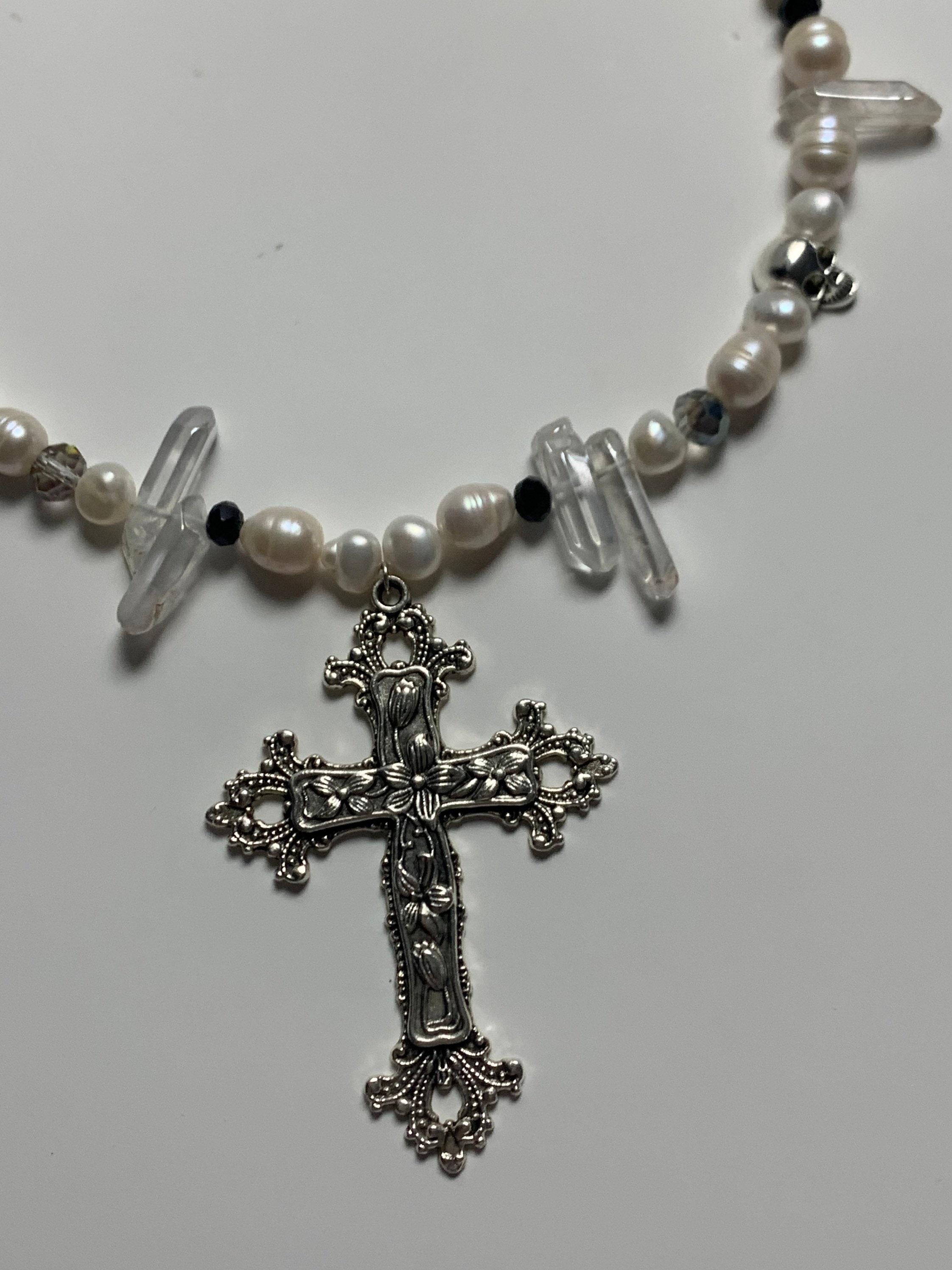 Skull and Giant Cross Charm Freshwater Pearl Beaded Necklace | Etsy