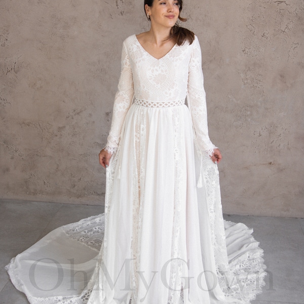 Modest Boho Lace Wedding Dress - Etsy