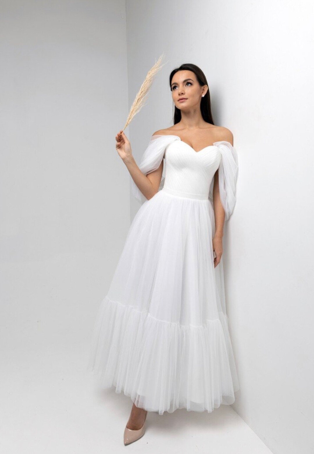 Off the Shoulders Wedding Dress, Civil Ceremony, Tea Length Wedding ...