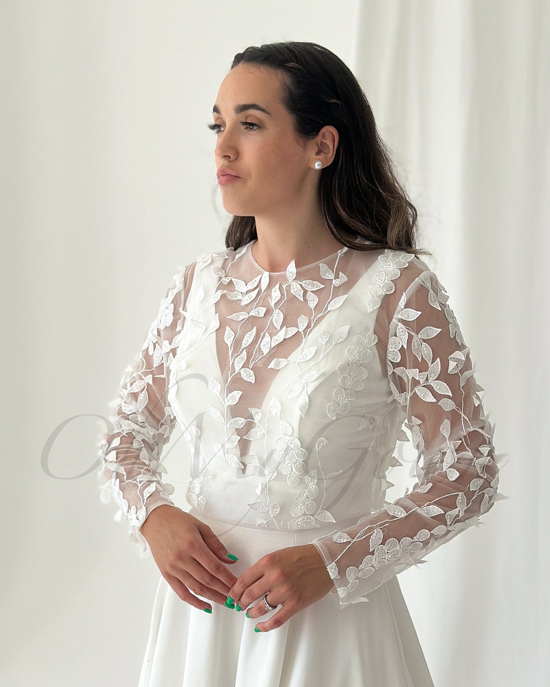Lace Topper With Long Sleeves. Modern Bridal Top. Embellished Top. Lace ...