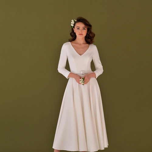 Half Sleeves Wedding Dress Tea Length Wedding Dress Simple - Etsy