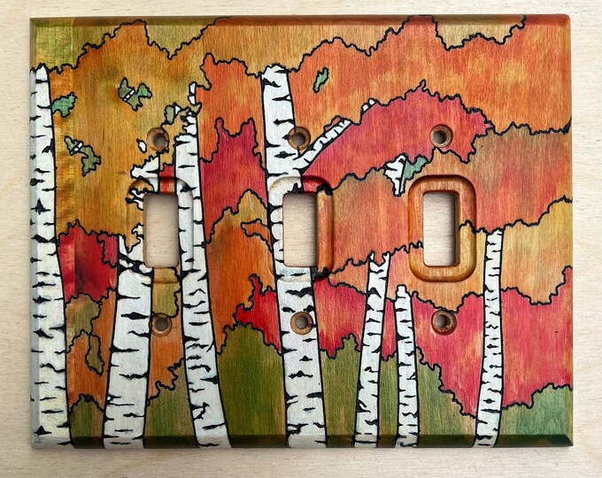 Hand Painted Birch Tree Triple Light Switch Cover Plate - 3 Toggle Fall ...