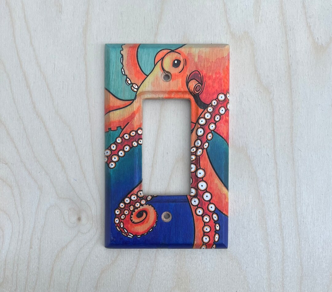 Hand Painted Octopus Rocker Light Switch Cover - Colorful Wooden Single ...