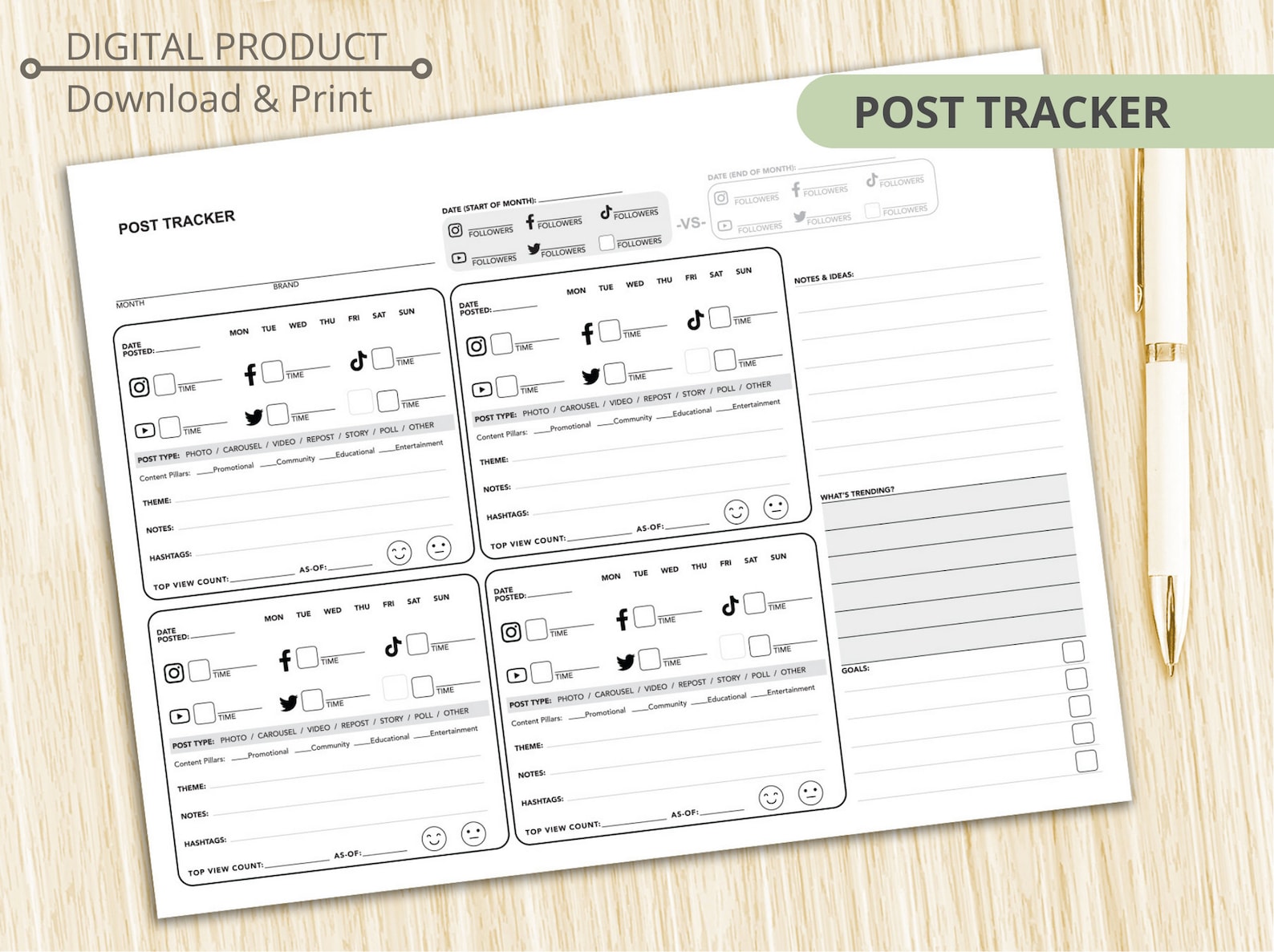 Printable Weekly Planner Social Media Post Tracker Monthly Food Journal ...