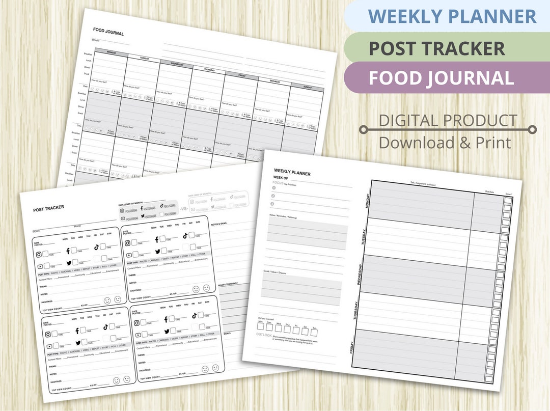 Printable Weekly Planner | Social Media Post Tracker | Monthly Food ...
