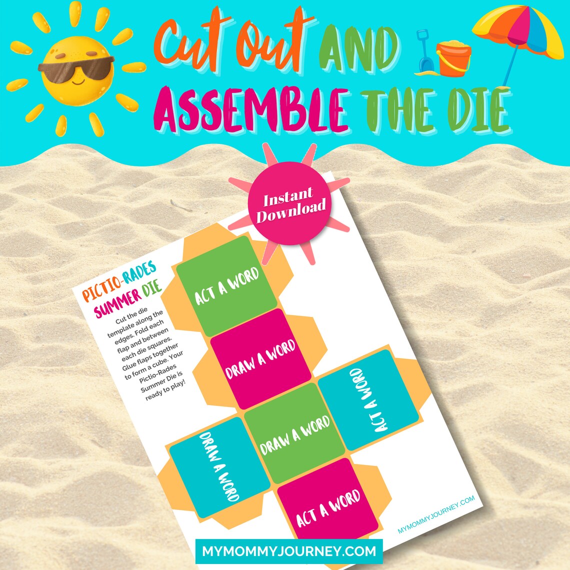 Summer Pictionary Charades Dice Game, Summer Dice Game, Pictionary ...