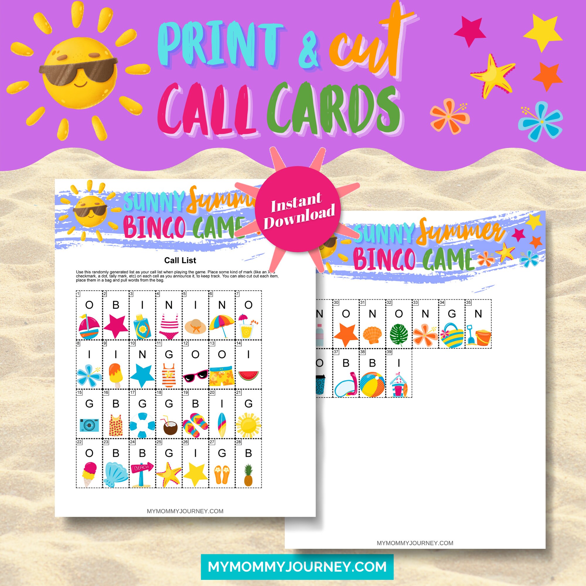 20 Sunny Summer Bingo Game Whole-page Cards, Printable Bingo Summer ...