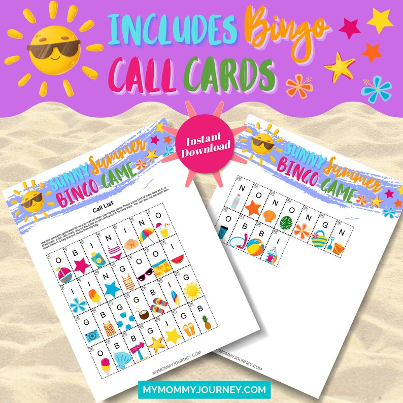 20 Sunny Summer Bingo Game Whole-page Cards, Printable Bingo Summer ...