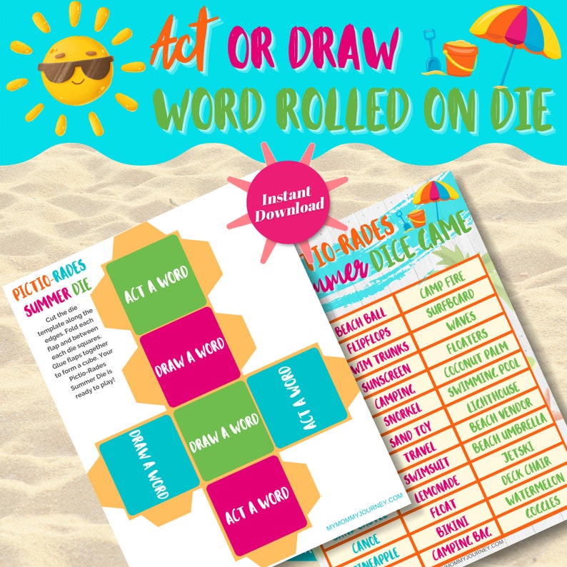 Summer Pictionary Charades Dice Game, Summer Dice Game, Pictionary ...